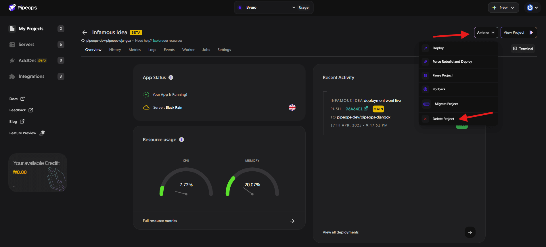 Project Actions | PipeOps Docs